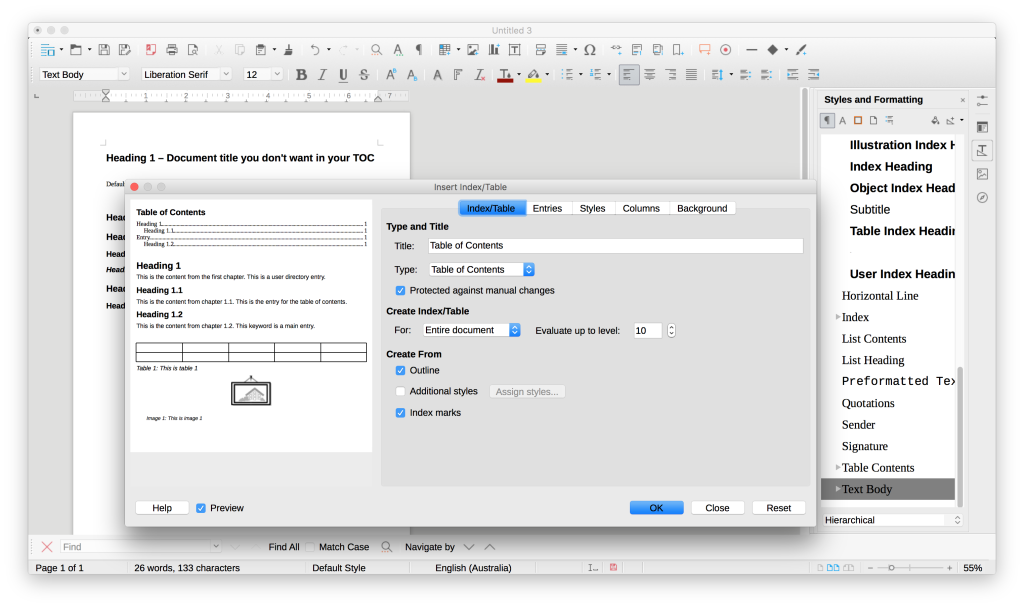 LibreOffice: Creating a Table of Contents that doesn’t Include Heading 1 | Toggen