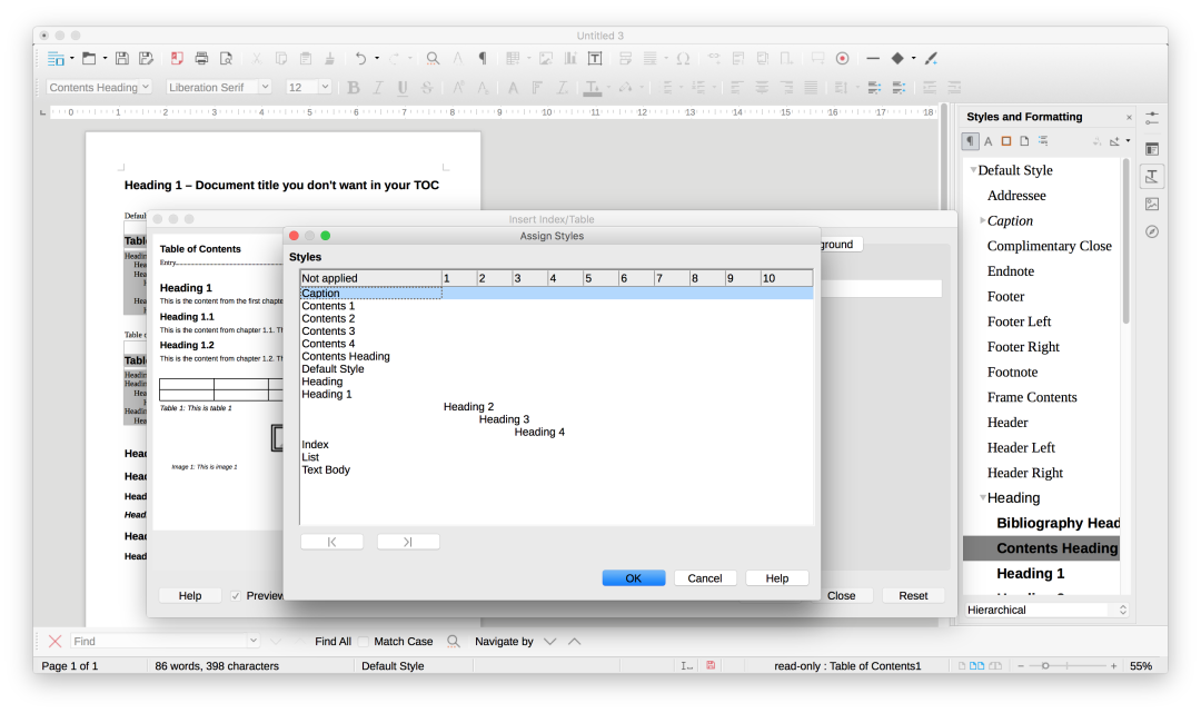 LibreOffice: Creating a Table of Contents that doesn’t Include Heading 1 | Toggen